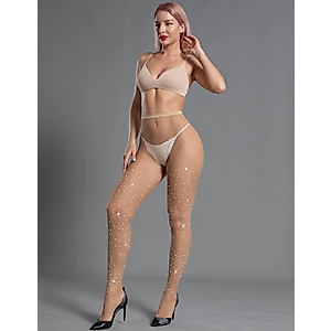CHRLEISURE Women's Sparkle Rhinestone Fishnets, Sexy Sparkly Glitter Party Concert Outfit Fishnet Stockings (Skin)