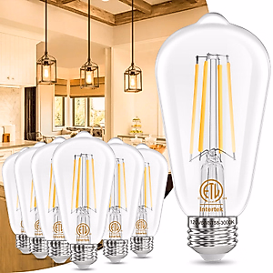 winshine Edison E26 LED Bulb 60 Watt Equivalent 3000K Soft Warm White, 6W Vintage Light Bulb, Antique ST58 Type A Clear Light Bulbs,CRI85+, E26 Base, Filament & Glass,700LM Non-dimmable 6 Pack