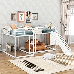 L-Shaped Bunk Bed for 4 Kids, Full and Twin Bunk Bed Frame with Slide, Short Ladder and Full-Length Guardrail, 4 in 1 Home Furniture Bedframe,Space Saving Design & No Box Spring Needed (White)