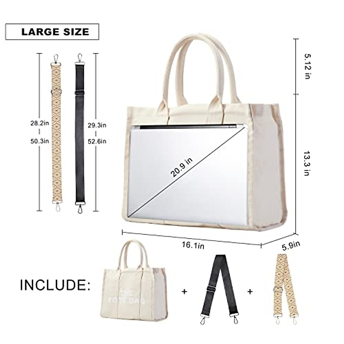 Tote Bags for Women - Canvas Tote Bags Shoulder Crossbody Bags Purse with Zipper School Fashion Handbag (White, 13in X 5.5in X 10in)