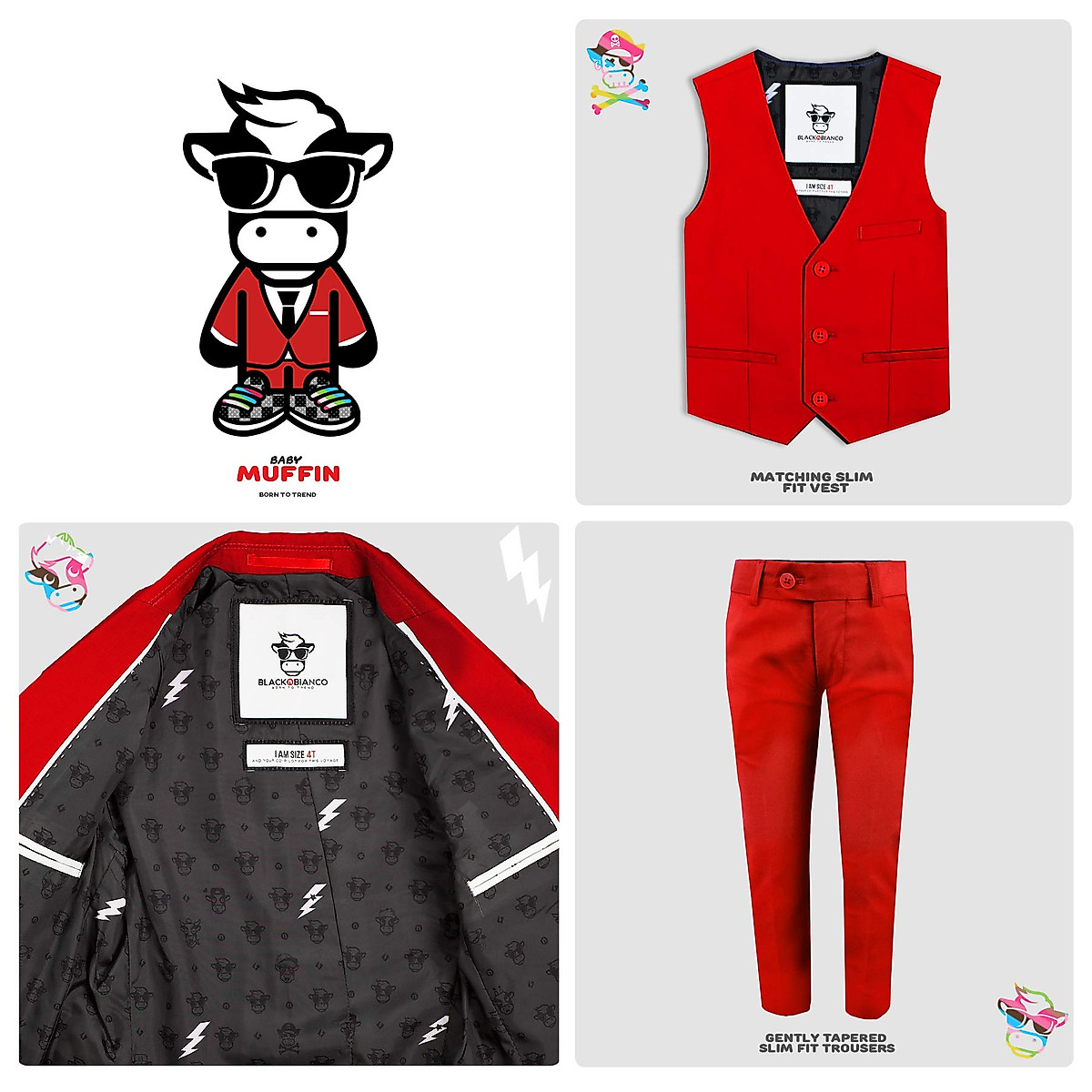 Black n Bianco Boys' First Class Slim Fit Suits Lightweight Style. Presented by Baby Muffin (2T, Fiery Red)