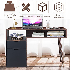 Tangkula Computer Desk with Drawers, Multipurpose Home Office Desk Writing Desk with Spacious Desktop & Storage Shelf, Computer Table Workstation, Desk for Bedroom Home Office (Brown)