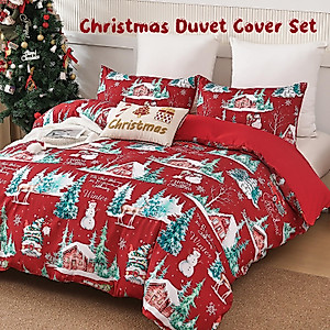 Dobuyly Christmas Duvet Cover Set Queen Size Christmas Tree Reindeer Snowman Pattern Duvet Cover with 2 Pillowcases Soft Microfiber Red Bedding Set for Holiday New Year Gift(3Pcs, 90"x90")