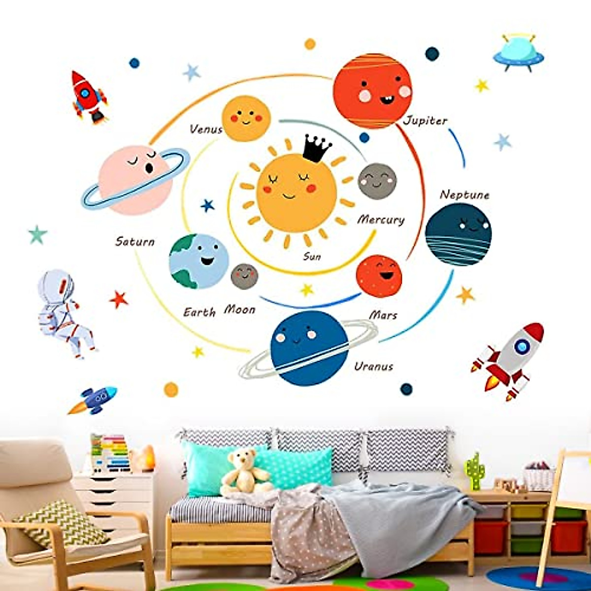 Beilinlok Solar System Wall Decals for Kids Room, Space Planet Large Wall Stickers Kids Bedroom, Cute Educational Wall Decal Decors for Nursery, Playroom, Boys Room, Girls Room, Classroom, School.
