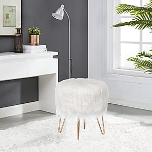 Adeco Vanity Stool Chair Round Faux Fur Ottoman with Metal Legs, Soft Furry Footrest Stool Padded Seat, Upholstered Decorative Furniture for Bedroom Living Room, White Small