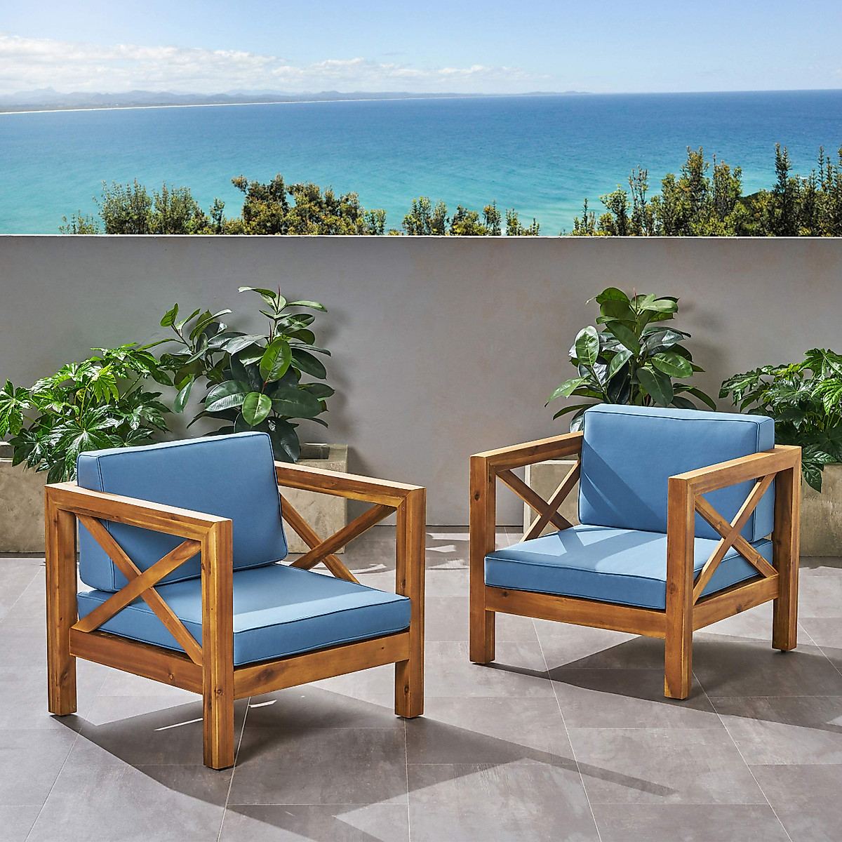 GDFStudio Outdoor Acacia Wood Club Chairs with Cushions (Set of 2), Teak Finish and Blue