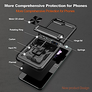 for Samsung Galaxy Z Flip 5 5G Case with Hinge Protection,Slide Camera Cover Heavy Duty Military Drop Cases Ring Kickstand Magnetic Car Mount Shockproof Bumper Phone Case for Galaxy Z Flip 5 5G Black