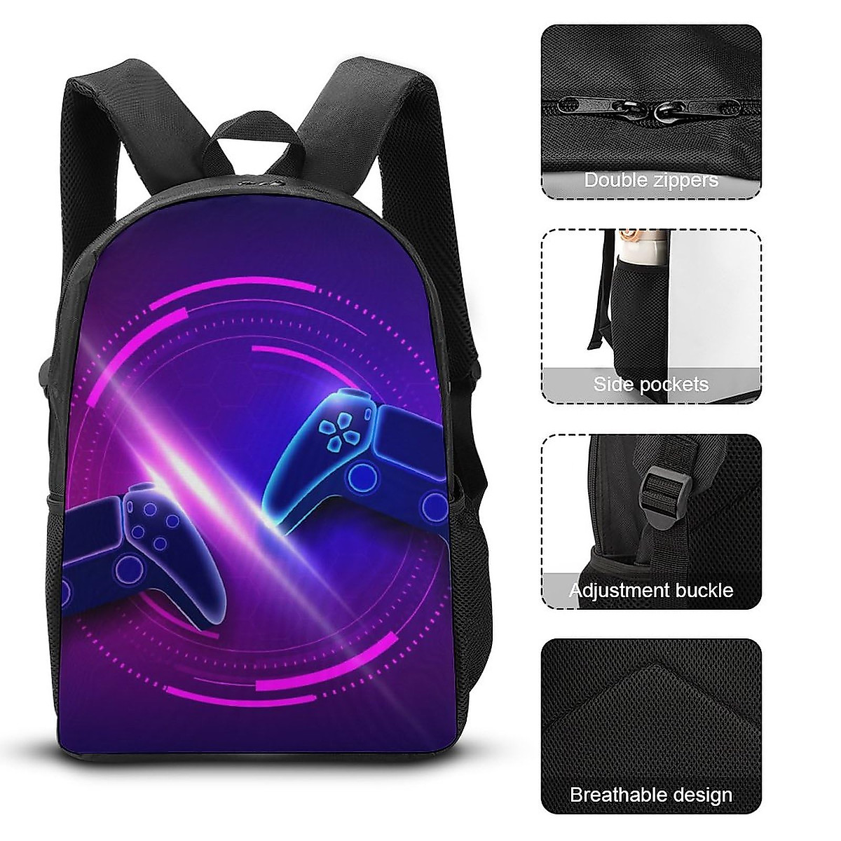 NAWFIVE Neon Game Controllers Backpack with Lunch Box And Pencil Case Set Joysticks Game Console Travel Daypack Bookbag for Men Women Laptop Backpack 3pcs