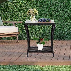 JSUN7 Outdoor Wicker Side Table - Outdoor Side Tables for Patio, Square Patio Bistro Table, Outdoor End Tables with Storage and Glass Top, Outdoor Furniture for Courtyard, Balcony, Black