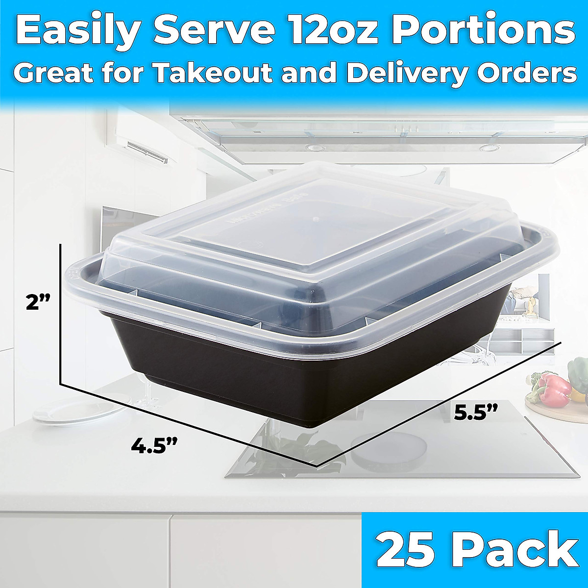Pro Grade, BPA Free Plastic Containers with Lids, 25ct. 12oz, Leakproof, Microwavable Portion Container for To-Go Orders, Food Prep and Storage. Reusable Bento Boxes for Restaurant, Cafe and Catering