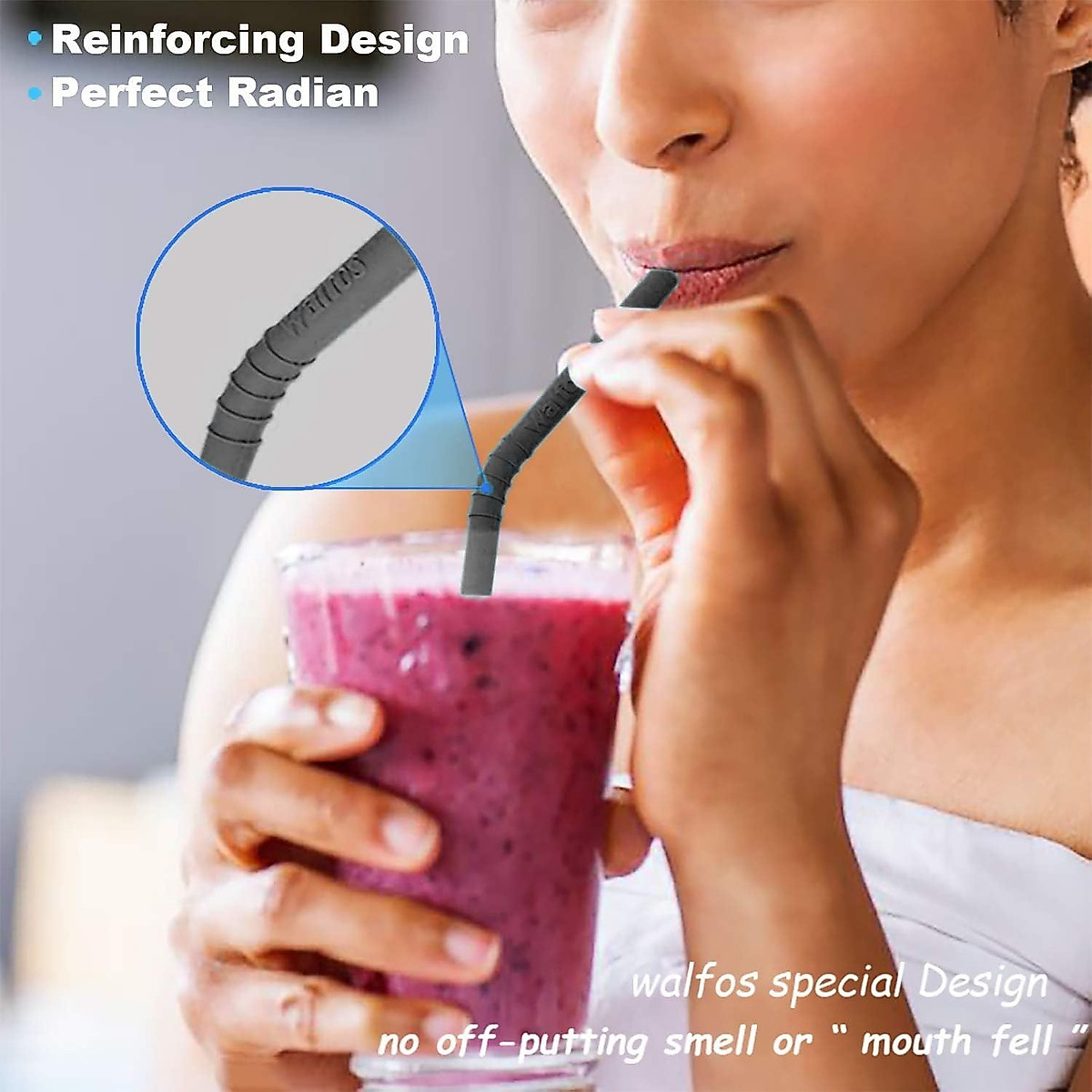 Walfos Reusable Silicone Straws -10.5 Inch Flexible Drinking Bendy Straws for Smoothies/20 & 30 oz Tumblers, BPA Free (6 Wide Straws + 1 Cleaning Brushes ）