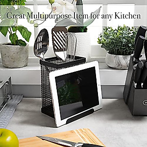 Kitchen Details Industrial Collection Tablet and Utensil Holder | Dimensions 6.69" x 5.51" x 7.48" | Freestanding | Rust Resistant | Kitchen Accessories | Matte Black