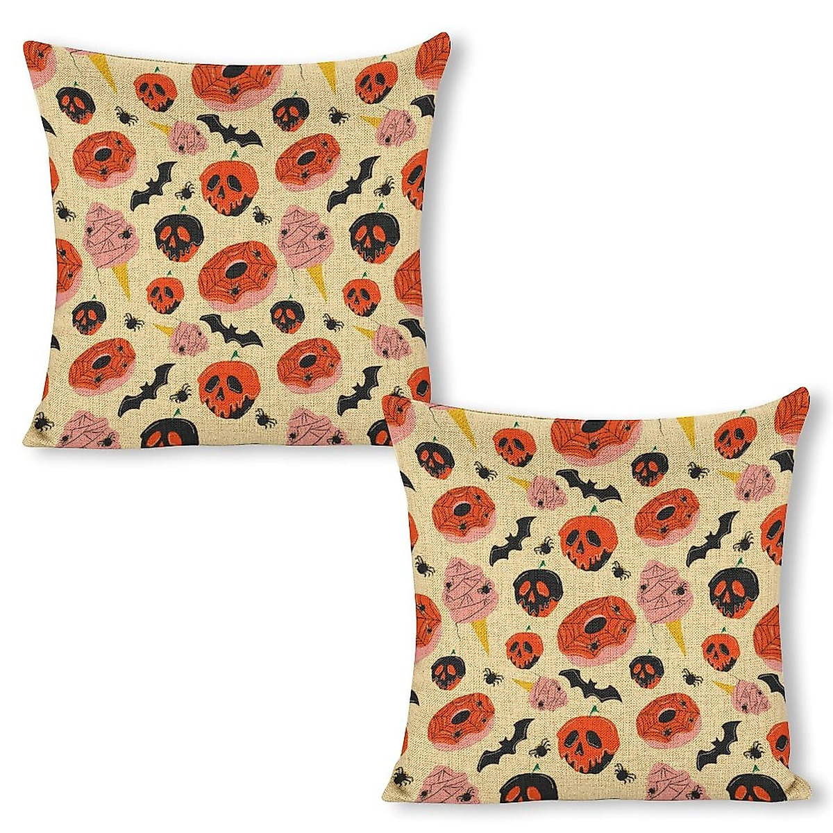 Cute Halloween Cupcakes Throw Pillow Covers 18×18 Pillowcases Set of 2 Ice Cream Donut Linen Decorative Square Pillow Case Cushion Covers Standard Size for Sofa Couch Outdoor Bed Pillow Protectors