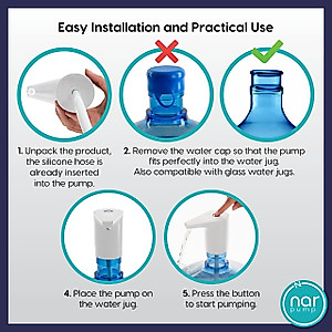 Narpump Whisper Ultra Silent, Very Fast Electric Water Bottle Pump, Drinking Water Dispenser Pump for 1-5 Gallon Water Jug, Portable Adapter with Child Lock for 5 Gallon Jug, USB Rechargeable, White