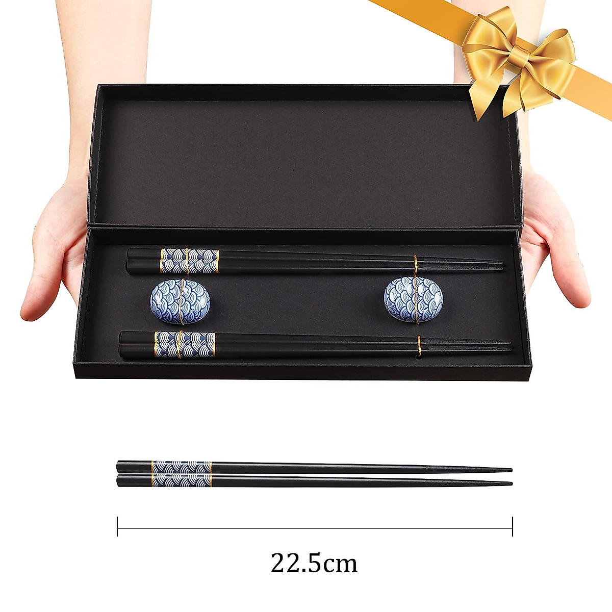 TIICOO Chopsticks Reusable Japanese Wave Pattern Style Lightweight 2 Pairs Wooden Chopsticks + 2 Ceramic Chopsticks Holder Gift Set, 8.85 inches/22.5cm, Dishwasher Safe
