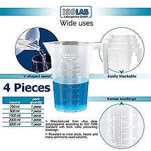 ISOLAB USA - 4 Pieces Premium Set of Laboratory Plastic Beaker With Handle, High Clarity, Polypropylene, Raised Graduations, Autoclavable, Lab Pitchers, (Beakers w/Handle, 4)