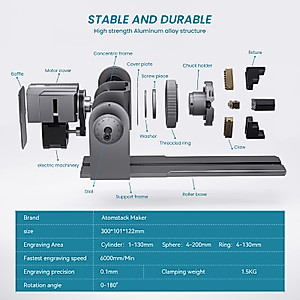 ATOMSTACK MAKER R1 PRO Chuck and Rotary Roller for Laser Engraver, 4-in-1 Laser Roller Rotary, 180° Adjustable Chuck with 3 Jaws for Engraving Rings, Irregular Items, Spherical & Cylindrical Objects