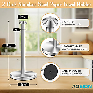 AOSION 2 Pack Stainless Steel Paper Towel Holder,Paper Towel Holder Countertop,Standing Paper Towel Holders for Kitchen Bedroom and Bathroom, Brushed Silver 13.8"