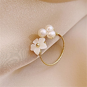 Dainty Shell Pearl Flower Statement Ring for Women Gold Plated Faux Pearls Ball Open Wrap Rings Comfort Fit Adjustable Expandable Handmade Birthday Wedding Anniversary Jewelry Gift