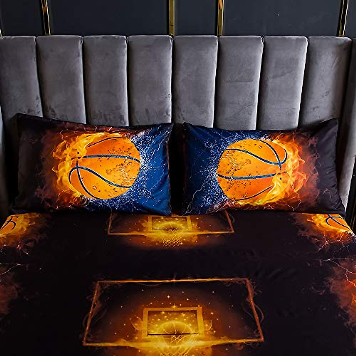4PC Soft Basketball Sheet Sets Full Size Sport Bedding Sheet Sets with Flat Fitted Sheet for Boys, Girls and Teens (Full, Basketball)