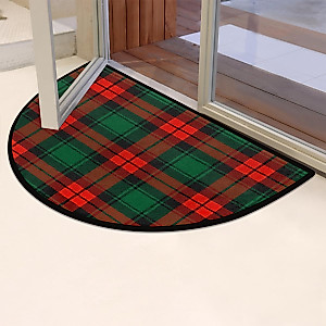 FengQuGou Christmas Balfour Plaid Half Round Doormat Red Green Washable Semi Circle Area Rug Non Slip Absorbent Half Moon Rug for Indoor Outdoor Bathroom Kitchen Living Room Fireplace Floor Mat
