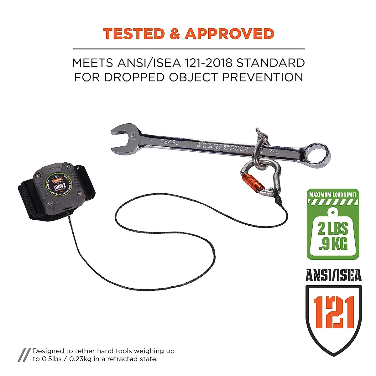 Ergodyne Squids 3002 Retractable Tool Lanyard with Locking Carabiner, Straps to Attach to Belt or Harness, Gray, Standard