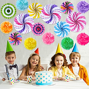 Outus 21 Pcs Candyland Hanging Paper Fans Decorations Candy Party Classroom Decor Lollipop Candy Tissue Paper Fans for Garland Ceilings Candyland Theme Kids Birthday Party Supplies(Pom Poms)