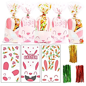 LOMIMOS Easter Cellophane Treat Bags,Rabbit Candy Cookie Packing Bags with Twist Ties, 90pcs
