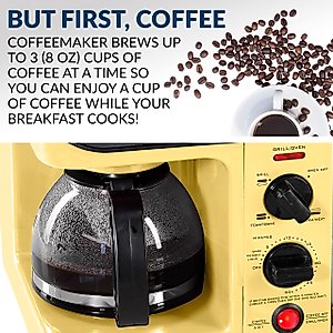 Nostalgia 3-in-1 Breakfast Station - Includes Coffee Maker, Non-Stick Griddle, and 4-Slice Toaster Oven - Versatile Breakfast Maker with Timer - Yellow