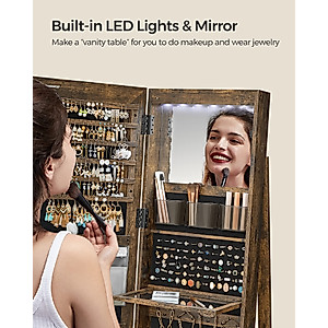 SONGMICS LED Mirror Jewelry Cabinet Standing, Lockable Jewelry Armoire with Full-Length Mirror and Adjustable LED Lights, Space-Saving Jewelry Organizer with Mirror, Gift Idea, Rustic Brown UJJC008X01