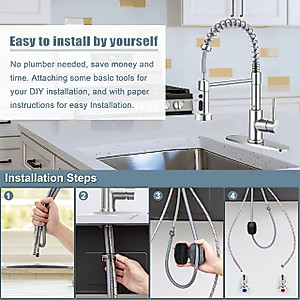 Homikit Kitchen Faucet Brushed Nickel with Pull Down Sprayer & Soap Dispenser, Stainless Steel Spring Faucets with Deck Plate 1 or 3 Hole, High Arc Commercial Sink Faucet for Farmhouse Laundry RV Bar