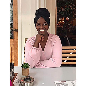 Harewom Black Hair Wrap for Women Long Stretch Jersey Head Scarf Summer Breathable Lightweight Turban Solid Color