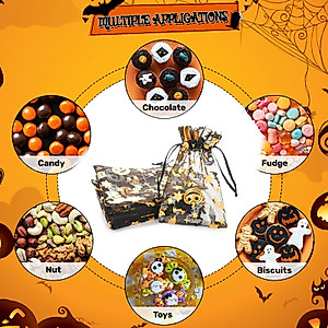 QPRETTY DU 100PCS Halloween Organza Gif Bags Set, 25PCS Glow in The Dark Resin Figures,25PCS Tattoo Sticker,Black Drawstring Gift Bags,4×6 Mesh Candy Gift Bags for Halloween Party Favors Set