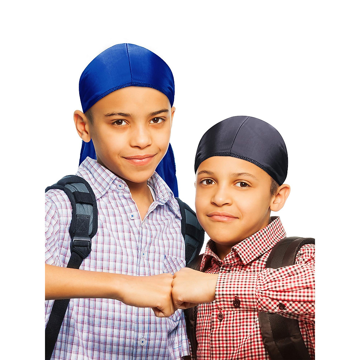 2 Pieces Silky Satin Baby Durags Kids Satin Durag Caps Headwraps with Long Tail and Wide Straps for 360 Waves (Black, Royal Blue)