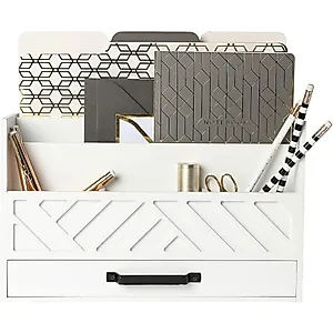 White Wood Desk Organizers and Storage with Drawer - Bill Mail Organizer and Mail Holder for Countertop and Kitchen - Desk Accessories & Workspace Organizers by Blu Monaco