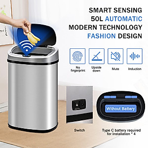 PikaTop Stainless Steel 13 Gallon Trash Can, Simple Trash Bin with Automatic Touchless Infrared Motion Sensor, Fingerprint-Resistant, Hygienic and Multi-Functional