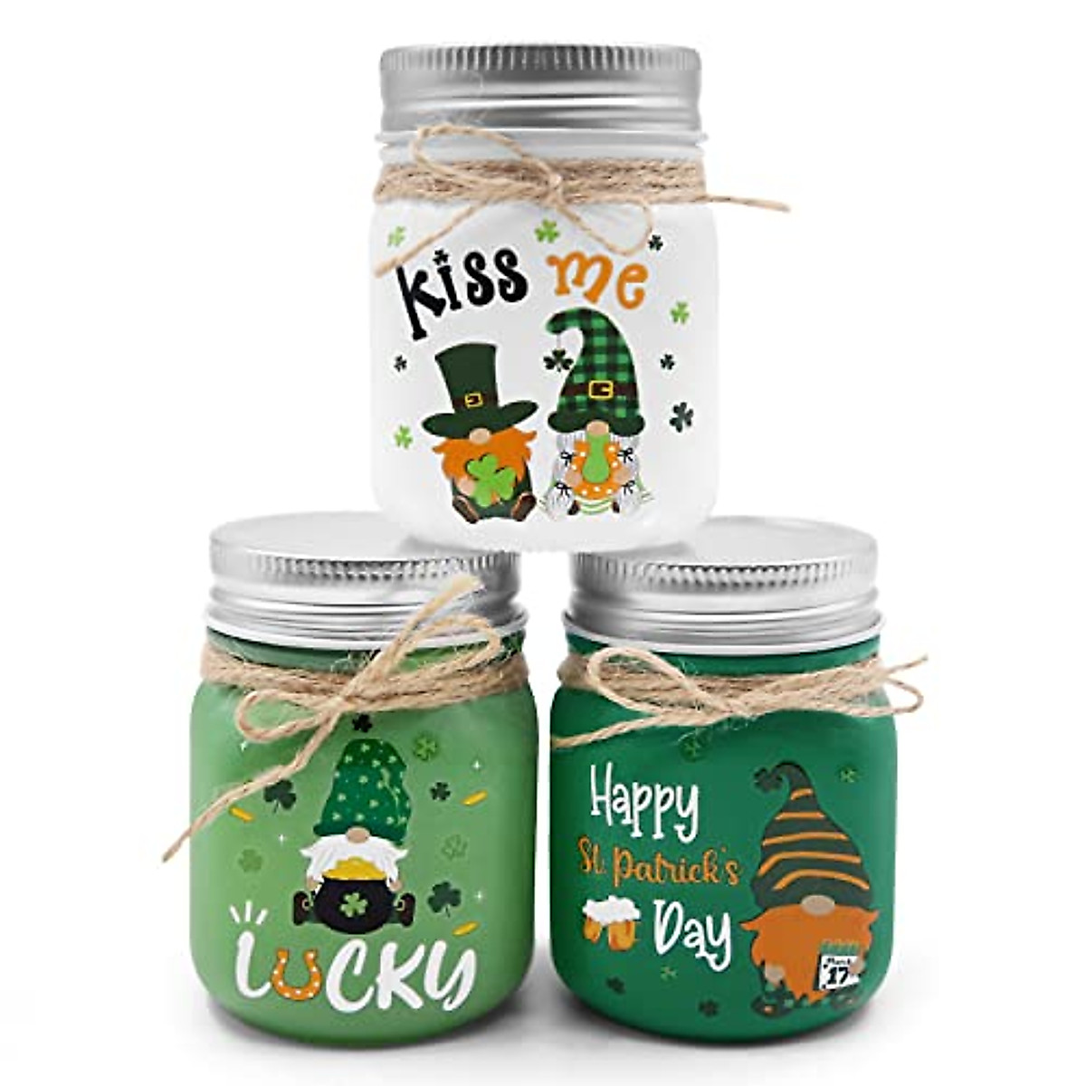 St. Patrick’s Day Gnome Mini Mason Jar St. Patrick’s Day Tiered Tray Decor Spring Gnome Table Decor for Kitchen Irish Decor Island Sign Shamrock Pattern Set of 3 St. Patrick Gift Idea 2.4”*3.1”