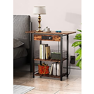 GiveBest End Table with Charging Station, Narrow Side Table with Cloth Drawer and Open Storage, Sofa Table with USB Ports and Outlets, Slim Bedside Table with Open Shelves for Living Room, Office