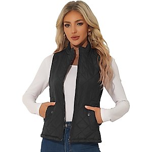 Allegra K Women's Puffer Vest Stand Collar Lightweight Gilet Quilted Zip Vest Medium Black