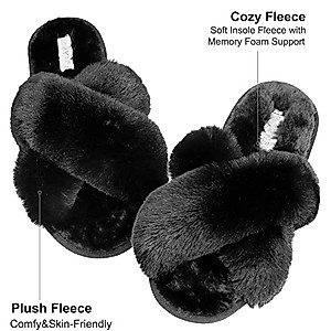 JIASUQI Cross Open Toe Fuzzy Fluffy House Slippers for Women Cozy Memory Foam Plush Criss Cross Furry Slides Slippers Black 8-9