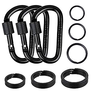 Carabiner Keychain Clip Hook, Cridoz 3pcs Locking Carabiner D Ring Clips with 9pccs Black Flat Key Ring for Water Bottles, Dog Tags and Car Keys (Assorted Sizes)