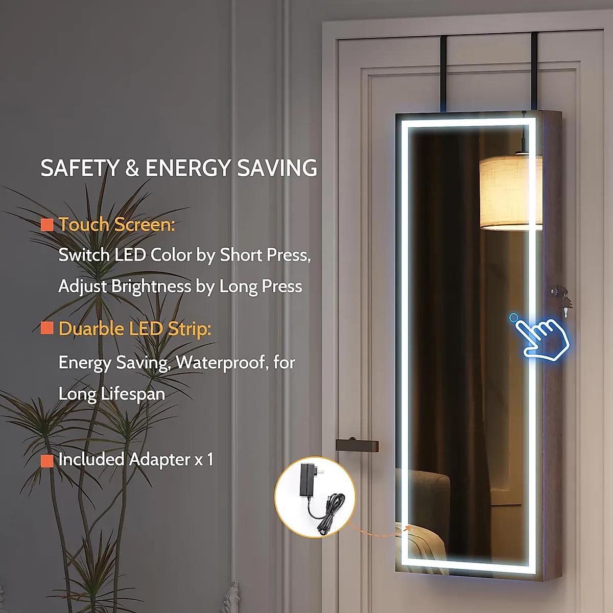 LVSOMT LED Wall/Door Mounted Jewelry Cabinet Armoire, Full Length Mirror with Lights, Lockable Storage Organizer, Over the Door Hanging Dressing Body Mirror (Wood)