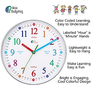 WISE HEDGEHOG Learning Clock for Kids, Silent Non Ticking, Telling Time Teaching Clock, Kids Room Wall Decor for Bedrooms, Analog Kids Clock for Teaching Time, Kids Learn to Tell Time Easily
