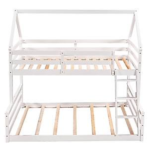 Harper & Bright Designs Low Twin Over Full House Bunk Beds, Wood Bunk Beds with Roof and Guard Rail, House Bed Built-in Ladder for Kids, Teens, Boys, Girls (White)