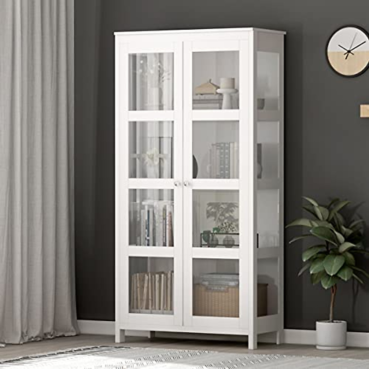 AIEGLE 5-Shelf Bookcase, Tall Display Shelf with 2 Acrylic Doors, Wooden Tall Bookcase Bookshelf Storage Cabinet for Living Room, White (35.4" L x 16.5" W x 72.3" H)