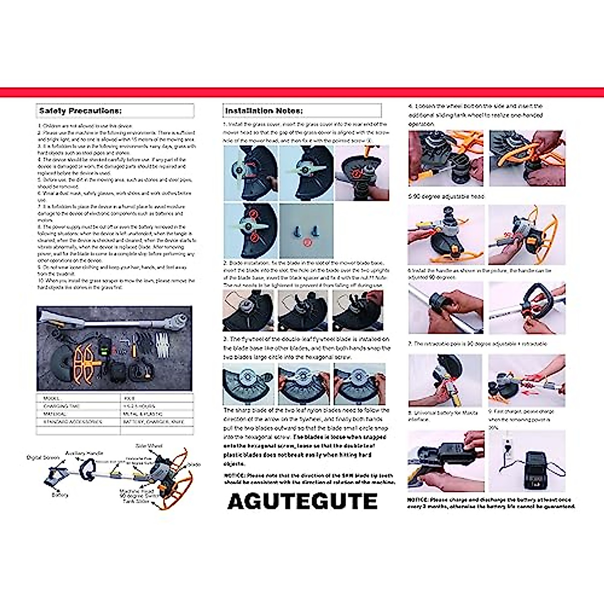 Weed Wacker Cordless - Battery Powered Weed Whacker Eater Rechargeable 3 in 1 - One 4.0 Ah Battery, AGUTEGUTE Weed Whacker Cordless 20V Electric Grass Edger Trimmer with Blade and Charger (One 4.0 Ah)