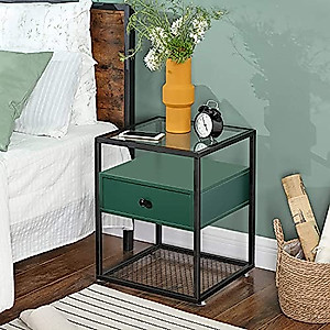 VECELO End Table, Modern Nightstand with Drawer, Night Stand Set of 2 for Bedroom Living Room,Tempered Glass, 2 Pack, Green