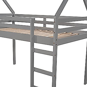 Lifeand Twin Size Loft Bed with Slide,Wooden House Bed for Kids/Girls/Boys, Gray