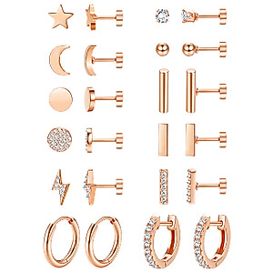 FASACCO 10Pairs Flat Back Earrings for Women Men - Hypoallergenic 14K Gold Plated Stainless Steel Flatback Stud Small Huggie Hoop Earrings 20G Tiny Gold Stud Earring Sets for Multiple PIercing Rose