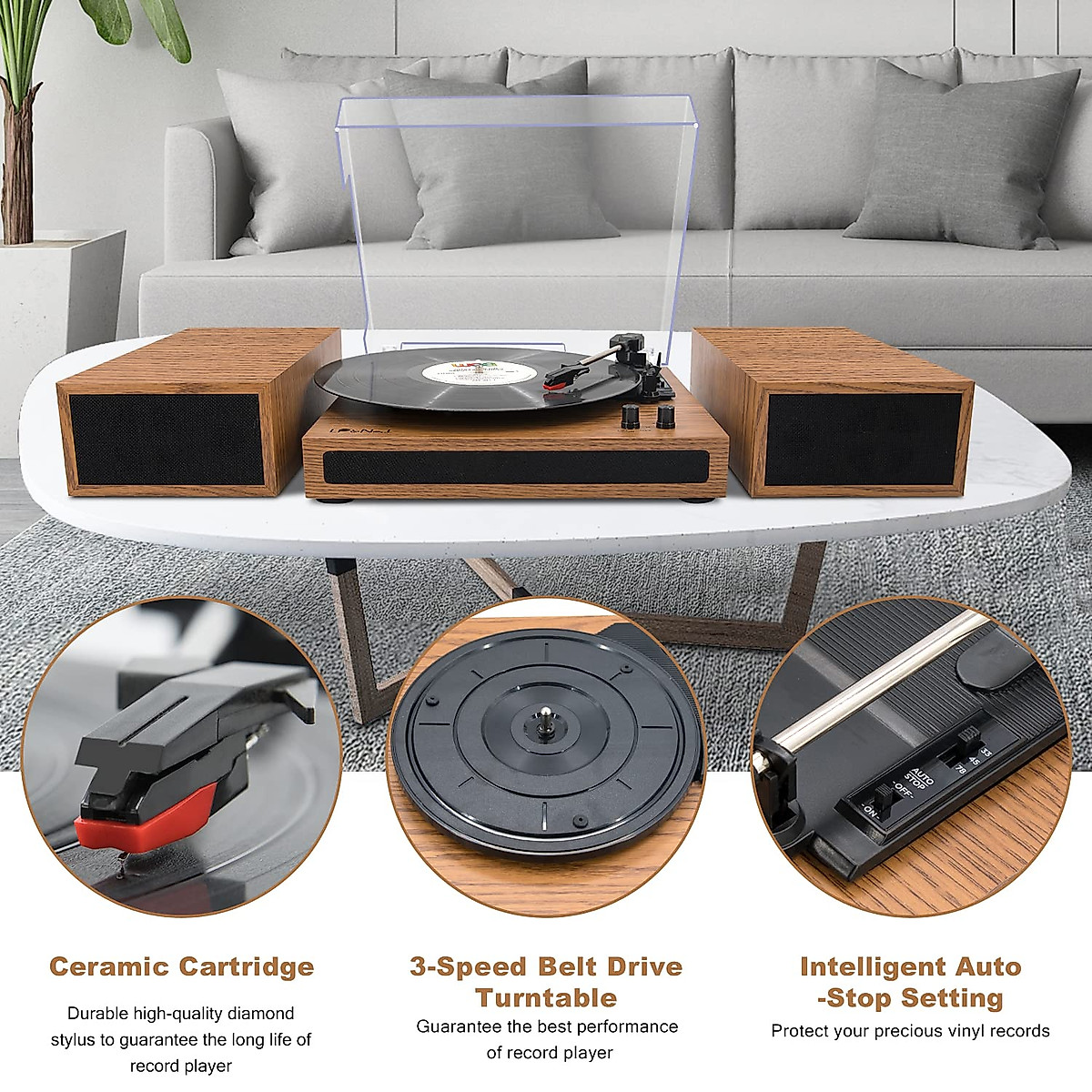 LP&No.1 Record Player, Wireless Turntable with Stereo Bookshelf Speakers,Vinyl Record Player,Support Wireless,Auto-Stop.(Yellow Wood)